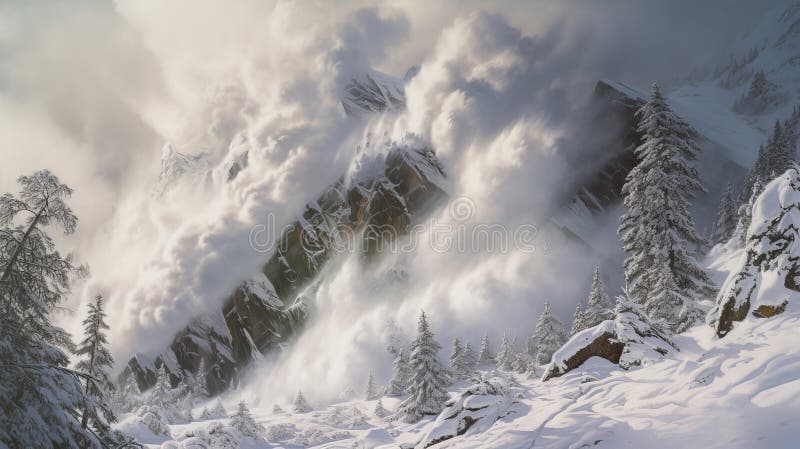 An Avalanche Descends from the Mountains, Breaking Trees and ...