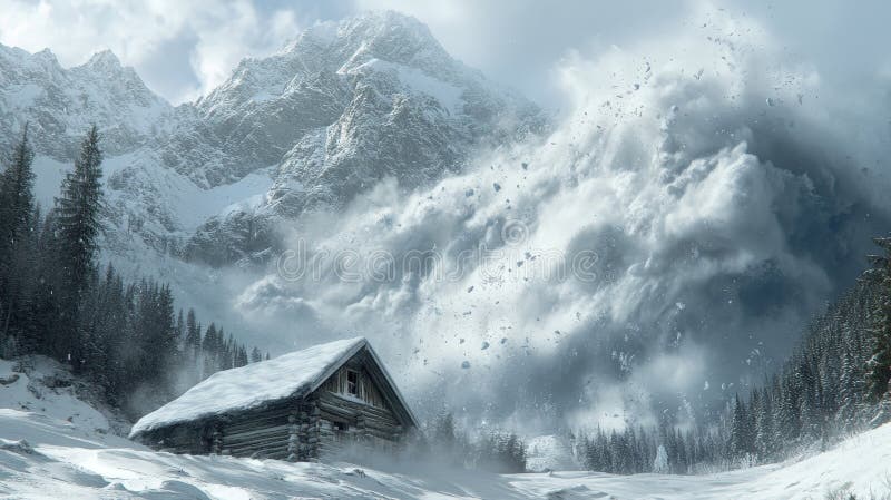 Avalanche Sweeping Over a Remote Mountain Cabin in Winter Landscape ...