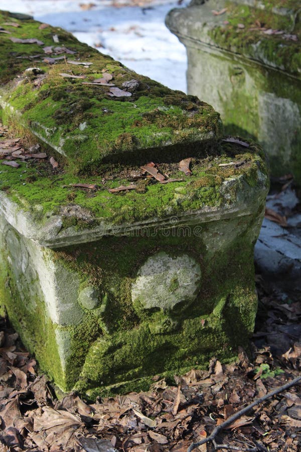 Old Tombstone Overgrown With Moss On Abandoned Cemetery Stock Photo ...