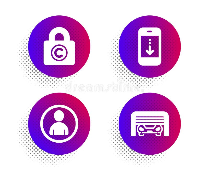 Avatar, Copyright Locker and Scroll Down Icons Set. Parking Garage Sign ...