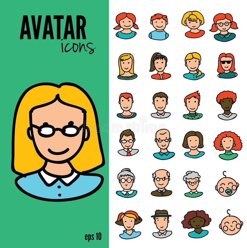 Avatar Doodle Design Icons. People Icons. Stock Vector - Illustration ...