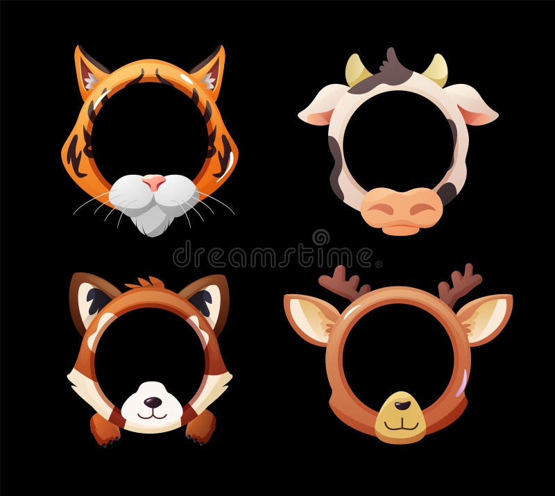 Avatar Frames of Tiger, Cow, Deer and Fox Cartoon Vector Set, Game ...