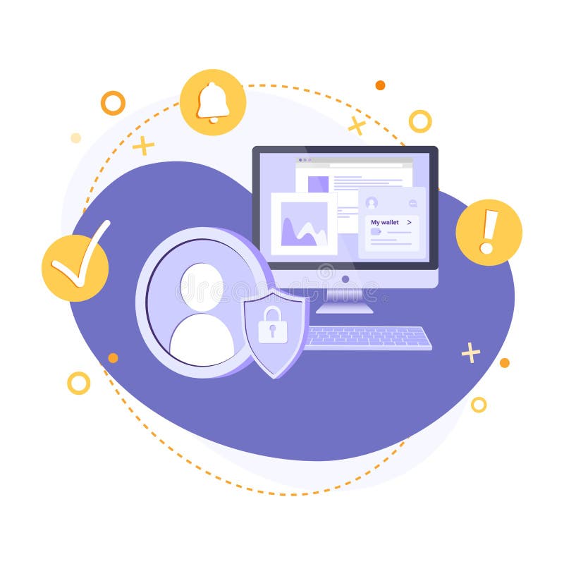 Avatar Icon, Computer and Shield with Lock on Abstract Background ...