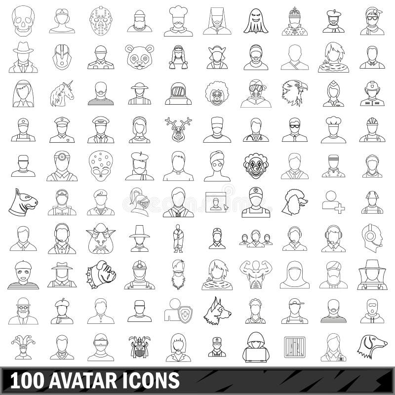 100 Avatar Icons Set, Outline Style Stock Vector - Illustration of deer ...