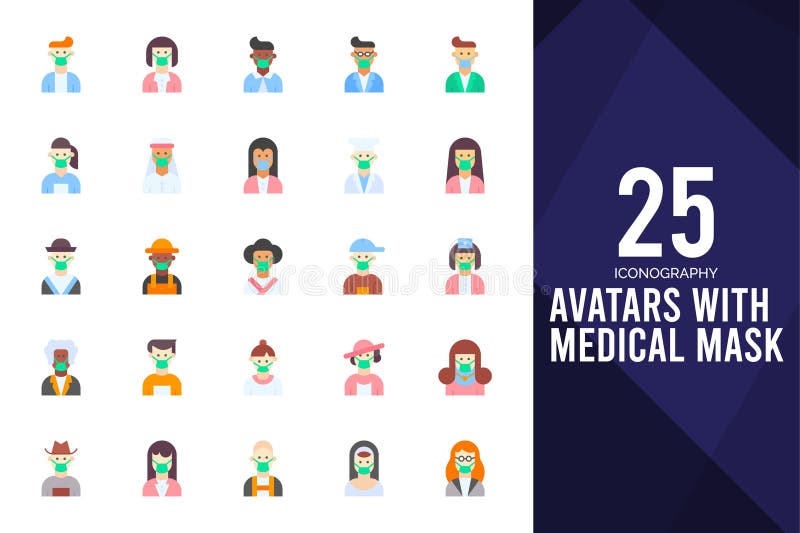 25 Avatars with Medical Masks Flat Icon Pack. Vector Illustration Stock ...
