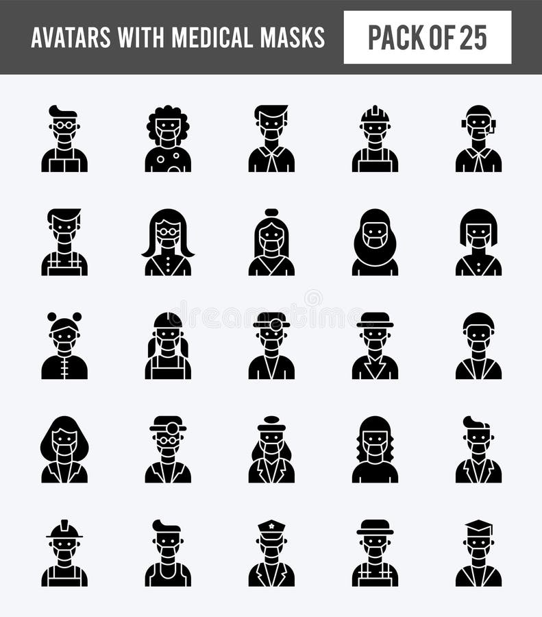 25 Avatars with Medical Masks Glyph Icon Pack. Vector Illustration ...
