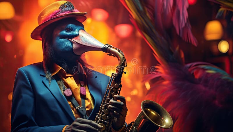 An Anthropomorphic Avian Jazz Musician Playing a Saxophone on Stage ...