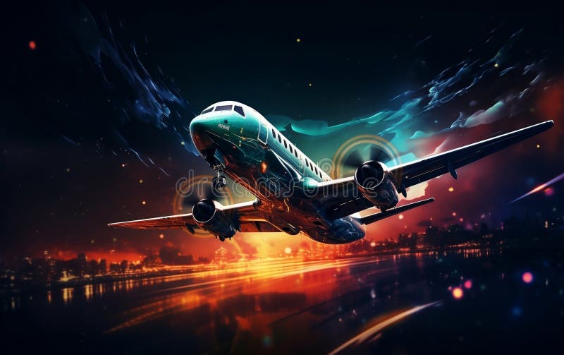 Aviation Artistry Abstract Plane Lights in the Night Sky. Generative AI ...