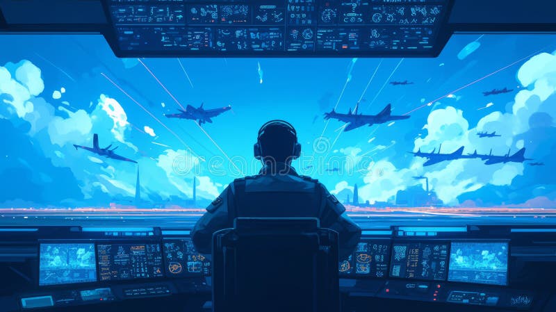 Aviation Control Room with Pilot Navigating Aircraft on Screen Stock ...
