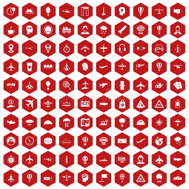 100 Aviation Icons Hexagon Red Stock Vector - Illustration of landing ...