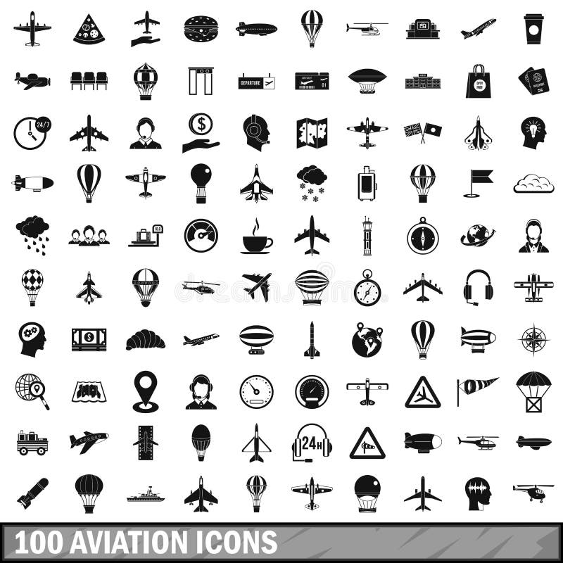 100 Aviation Icons Set, Simple Style Stock Vector - Illustration of ...