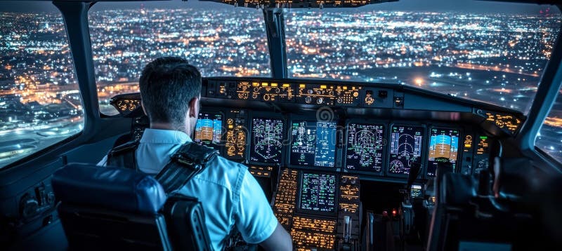 Aviation Piloting Profession Nighttime Flight with Pilot Operating ...