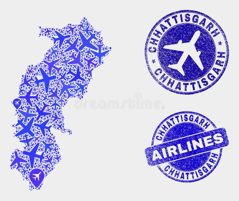 Airlines Composition Vector Chhattisgarh State Map and Grunge Seals ...