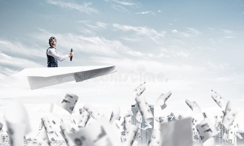 Aviator Driving Paper Plane Above Business Center Stock Image - Image ...