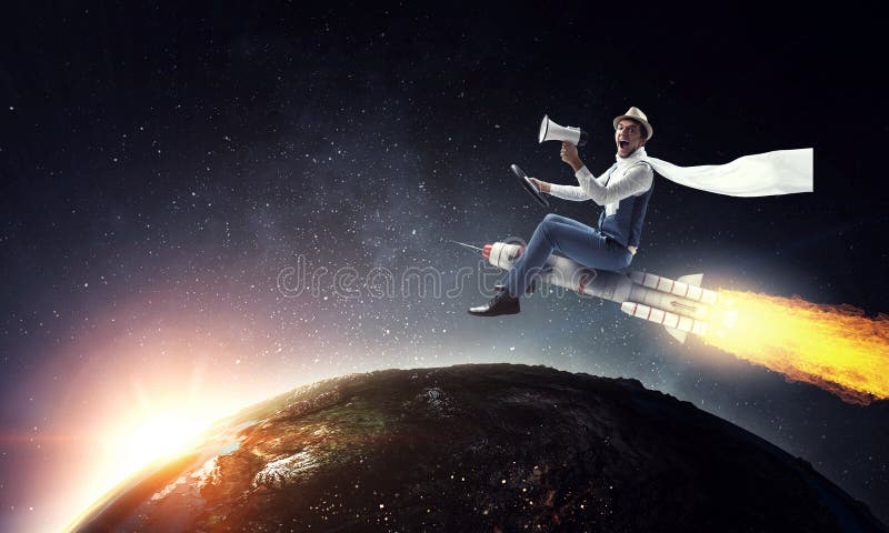 Aviator Riding Rocket. Mixed Media Stock Image - Image of transport ...