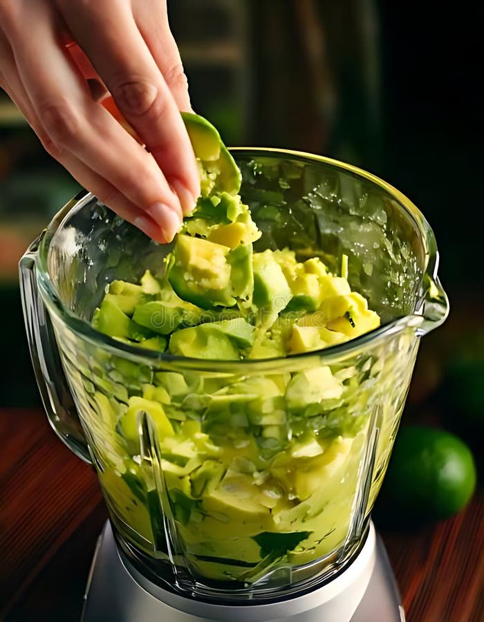 Avocado Chunks are Inside a Blender, Ready To Be Processed, Close-up ...