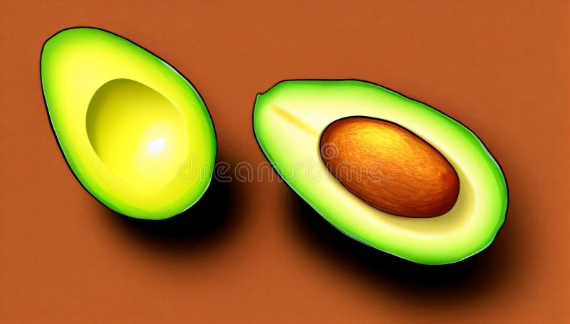 Avocado Cut in Half on an Orange Table. Two Halves of Avocado. Drawing ...