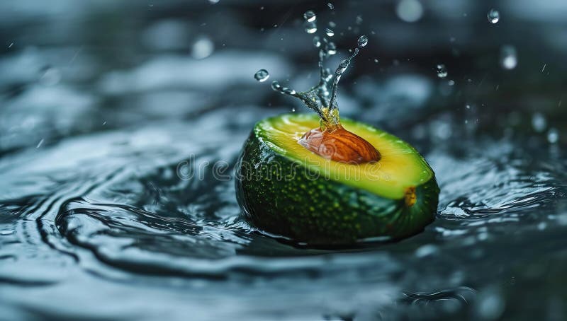 Avocado Falling into the Water with Splashes and Drops of Water Stock ...