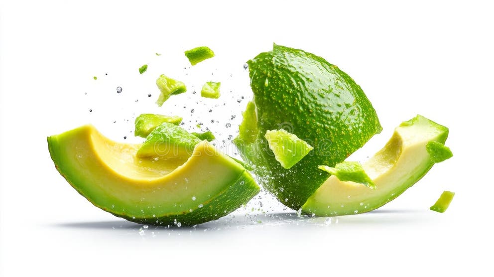Avocado Fruit Explosion with Pieces and Water Droplets Isolated on ...