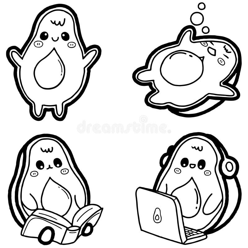 Cute Avocado Cartoon Character Set Hand Drawn Outline Stock Vector ...