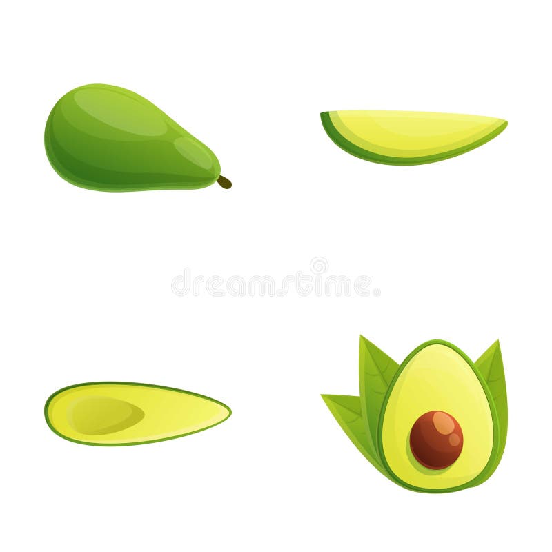 Avocado Icons Set Cartoon Vector. Whole and Cut in Half Avocado with ...