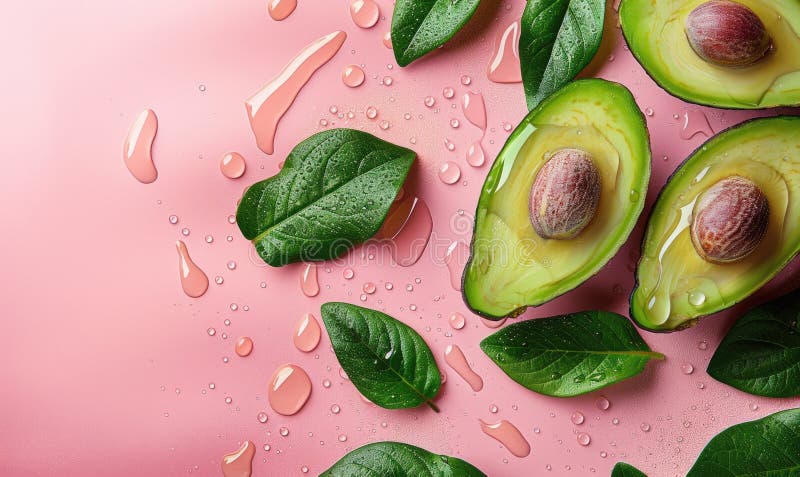 Avocado with Leaves and Water Droplets on a Light Pink Background Stock ...
