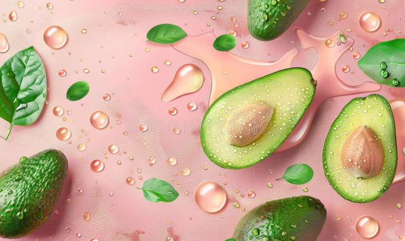Avocado with Leaves and Water Droplets on a Light Pink Background Stock ...