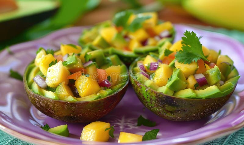 Avocado and Mango Salsa Cups on a Pastel Purple Plate Stock Photo ...