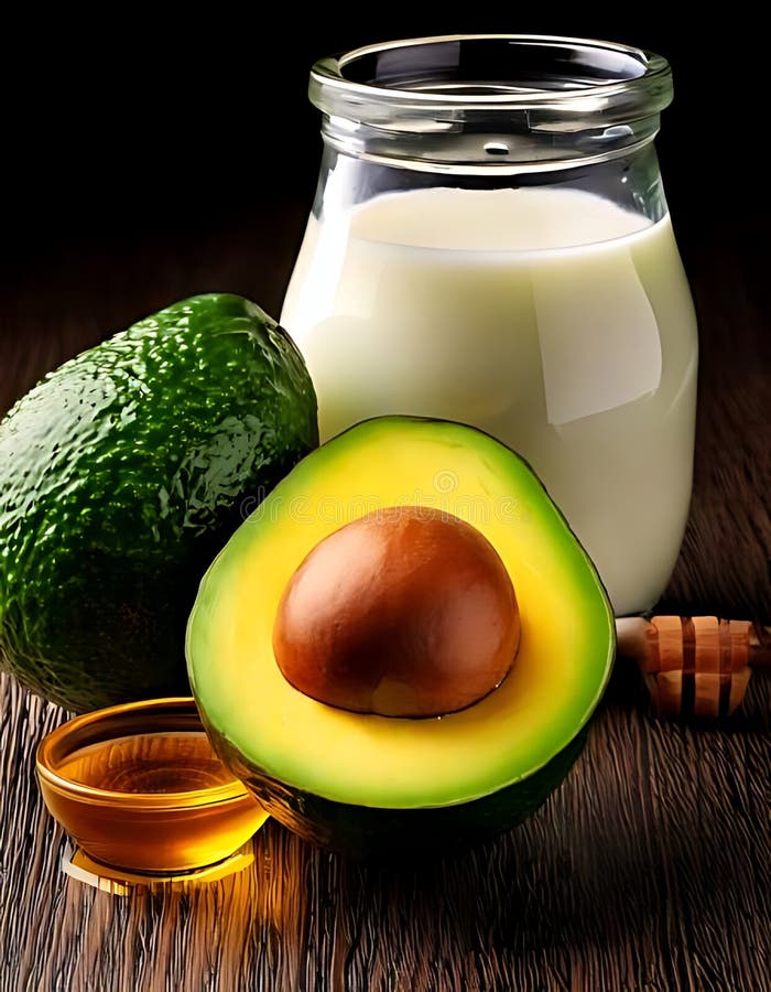 Avocado, Milk, and Honey are Presented Together, on a Wooden Surface ...
