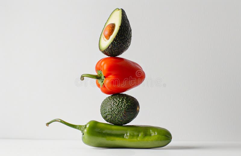 Avocado, Red and Green Pepper Balancing on Each Other, Light Background ...