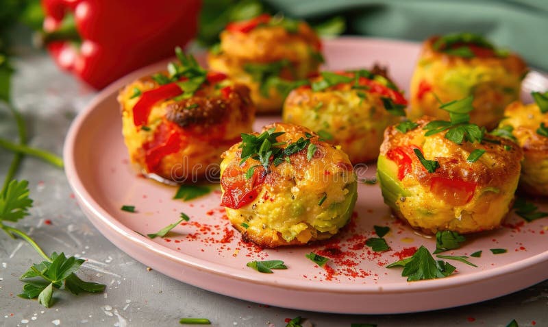 Avocado and Roasted Red Pepper Bites on a Pastel Pink Plate Stock Image ...