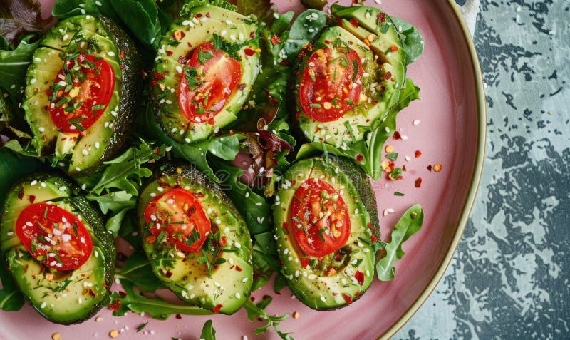 Avocado and Roasted Red Pepper Bites on a Pastel Pink Plate Stock Image ...