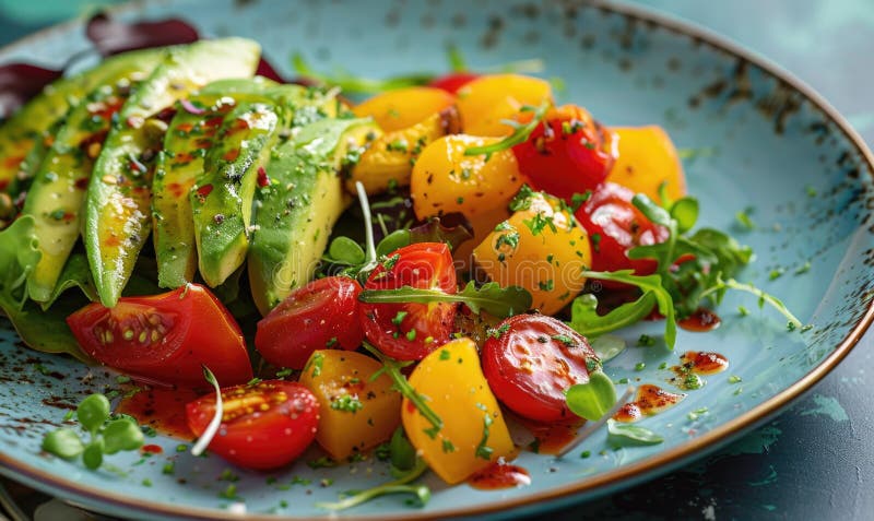 Avocado and Roasted Vegetable Salad on a Pastel Blue Plate Stock Photo ...