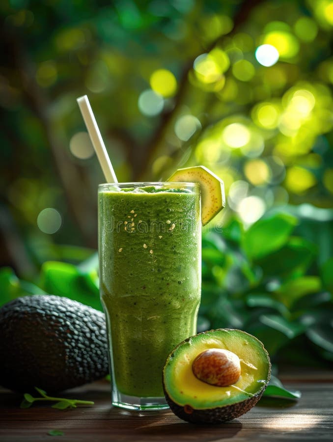 Avocado Shake or Smoothie on Wooden Table with Blurred Background AI ...