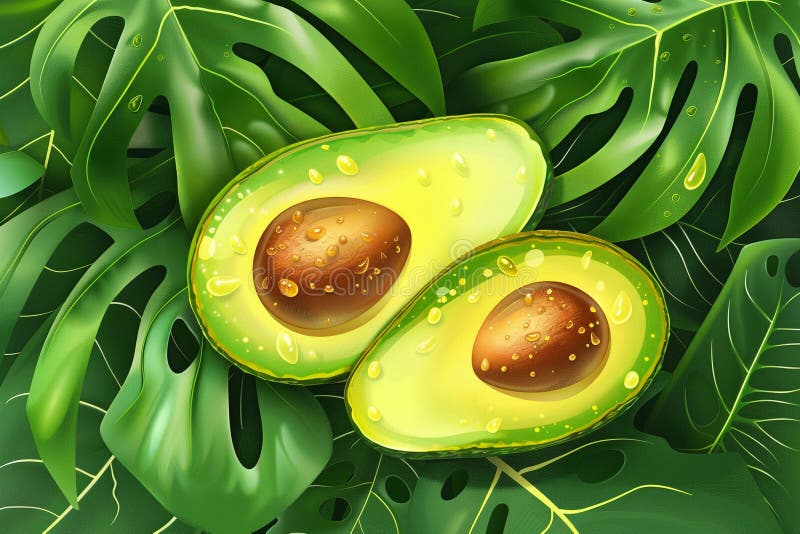 Avocado Slice with a Leafy Background 2D Illustration Clipart Stock ...