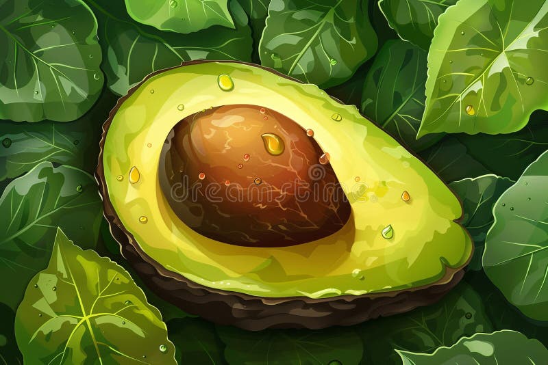 Avocado Slice with a Leafy Background 2D Illustration Clipart Stock ...