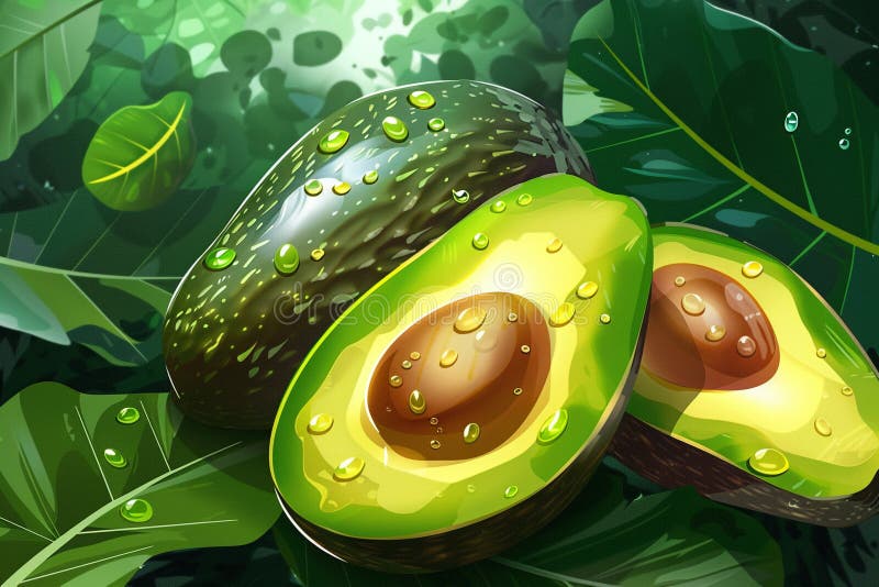 Avocado Slice with a Leafy Background 2D Illustration Clipart Stock ...