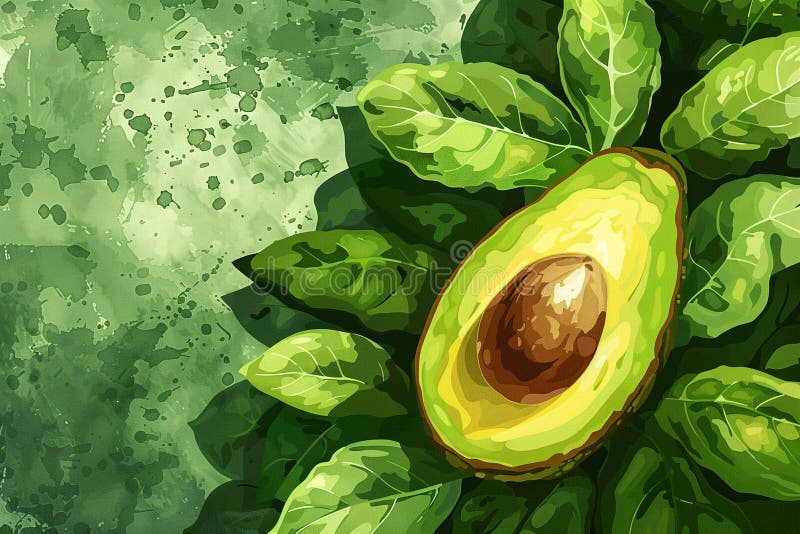 Avocado Slice with a Leafy Background 2D Illustration Clipart Stock ...