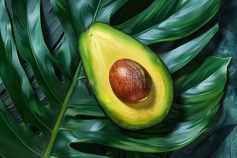 Avocado Slice with a Leafy Background 2D Illustration Clipart Stock ...