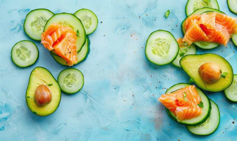 Avocado and Smoked Salmon on Cucumber Slices on a Light Blue Background ...