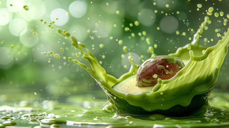 Avocado Splashes into Vibrant Green Liquid Creating Dynamic Droplets in ...