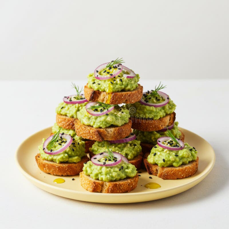 Avocado Toast Canapes with Red Onion and Sesame Seeds Stock ...