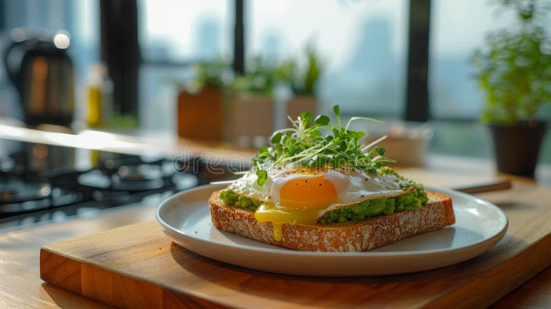 Avocado Toast with Egg on Kitchen Counter Stock Photo - Image of plate ...