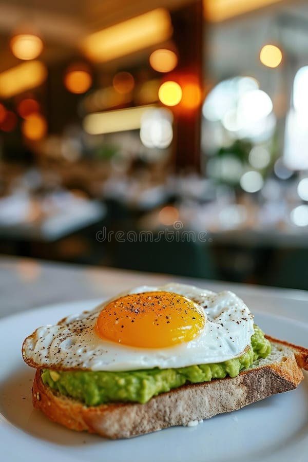 Avocado Toast with Fried Egg on White Plate in Cafe Restaurant. Stock ...