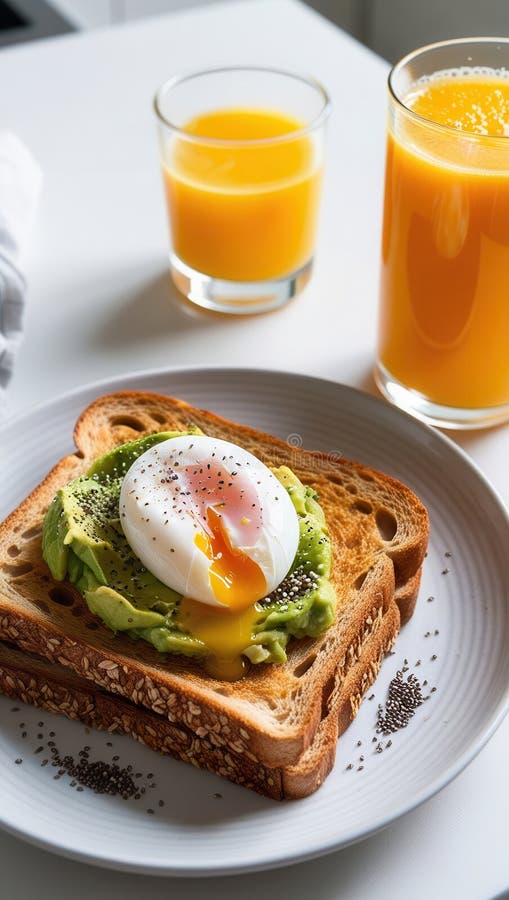 Avocado Toast with Poached Egg and Orange Juice on Dining Table Stock ...