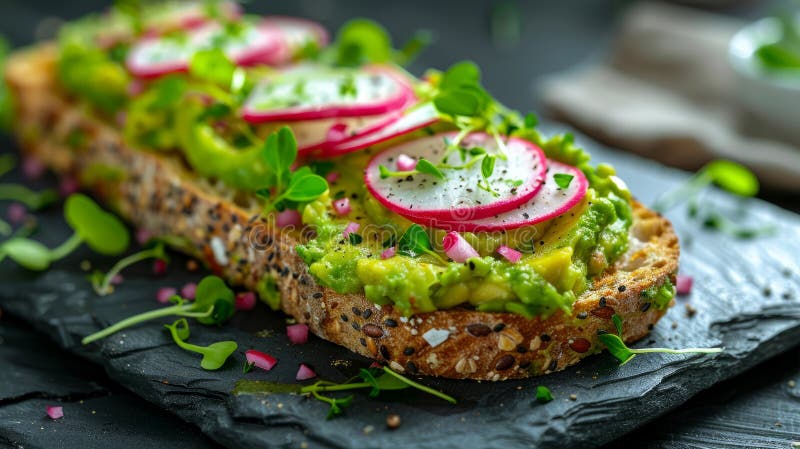 Avocado Toast with Radish and Microgreens on Whole Grain Bread. Stock ...