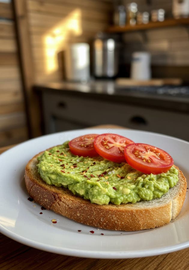 Avocado Toast with Tomatoes and Red Pepper Flakes Stock Photo - Image ...