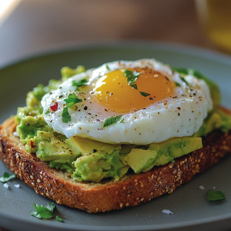 Avocado Toast Topped with a Fried Egg and Herbs. Stock Photo - Image of ...