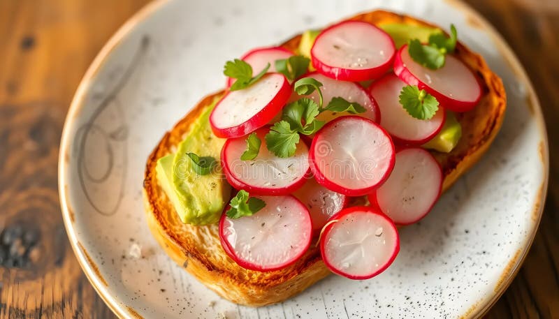 Avocado Toast Topped with Sliced Radishes and Cilantro on a Rustic ...