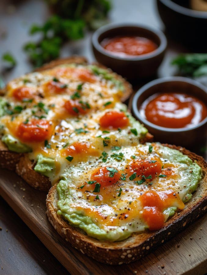 Avocado and Tomato Toast with Melted Cheese on Rustic Bread Stock Photo ...